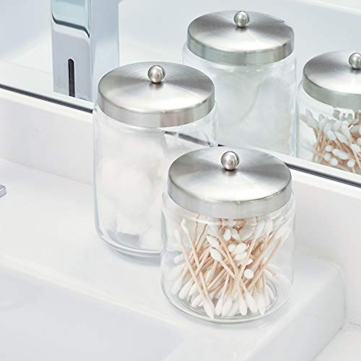 iDesign Forma Bathroom Vanity Glass Apothecary Jar for Cotton Balls, Swabs, Cosmetic Pads - Clear/Brushed Stainless Steel