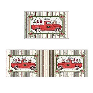 Christmas 2 Pieces Kitchen Rugs and Mats Set, Christmas Red Truck with Gnome Green Stripes Kitchen Mats Cushioned Floormat Non Slip Runner Rug Set for Kitchen Laundry Entryway, 15.7"x23.6"+15.7"x47.2"