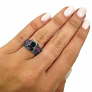 Princess & Round Cut Black Diamond & Pink Sapphire 14K Black Gold Plated 925 Sterling Silver Gothic Classic Black Bridal Set For Women's. (8)