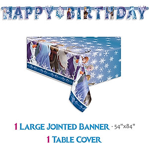 Disney Licensed Frozen Birthday Party Supplies for 16 People. Large Plates, Napkins, Elsa & Anna Centerpieces, Banner, Swirls, Table Cover. Quality Disposable Decorations for Frozen Movie Party