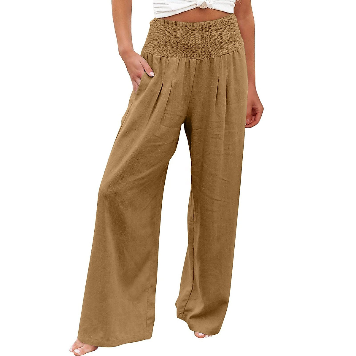 Warehouse Deals Today Boho Pants for Women Women Palazzo High Waisted Linen Pants Casual Elastic Waist Wide Leg Pants Trousers Baggy Slacks with Pockets Yellow XL