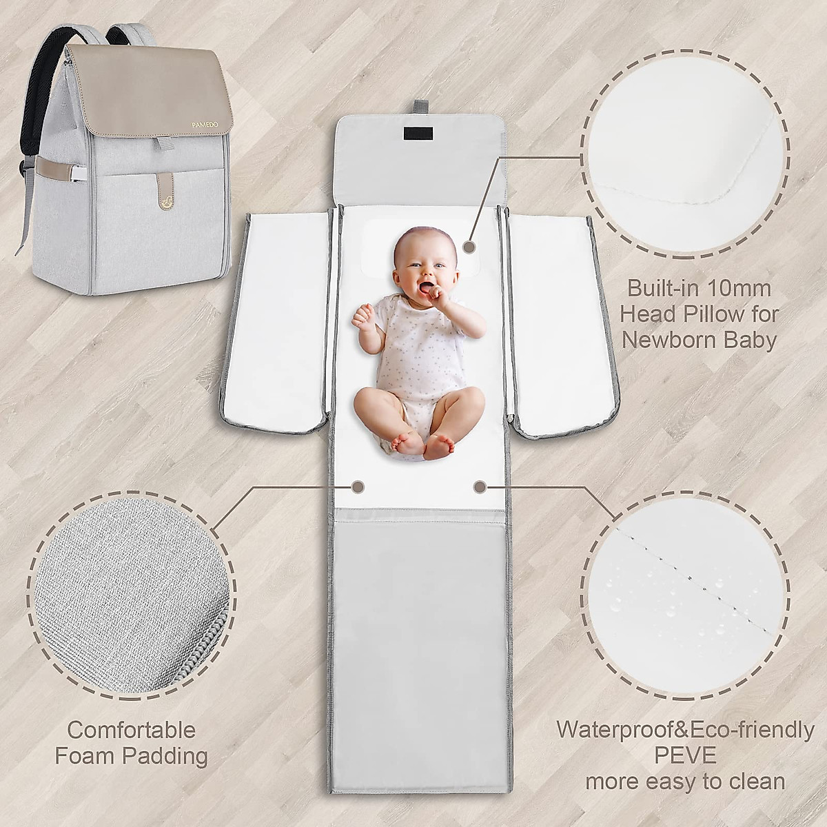 3 in 1 Diaper Bag with Changing Pad Station and Diaper Bag Tote – Pamedo Large Multifunction Travel Backpack- Waterproof Diaper Backpack- Unisex Newborn Gift Ideas Baby Bags, Grey, (PMD01)