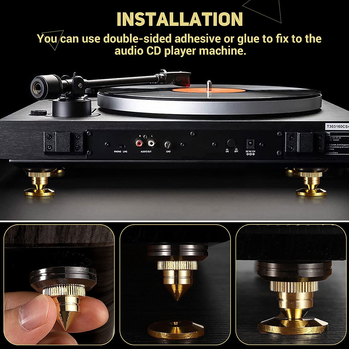 Facmogu 4PCS Golden Speaker Isolation Spikes with Plated Speaker Spikes Pads Mat, Speaker Spikes & Speaker Spike Pad Kit with Double-Sided Adhesive for Subwoofer CD DVD Player Audio Amplifier Recorder