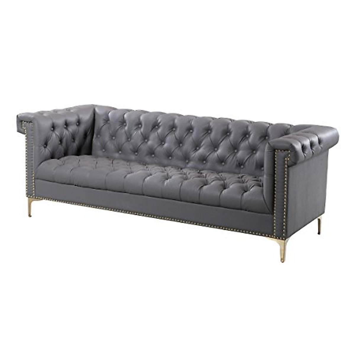 Iconic Home Winston Nail Head Tone Legs PU Leather Modern Contemporary Button Tufted with Gold Nailhead Trim Goldtone Metal Y-Shaped Feet Sofa, Grey