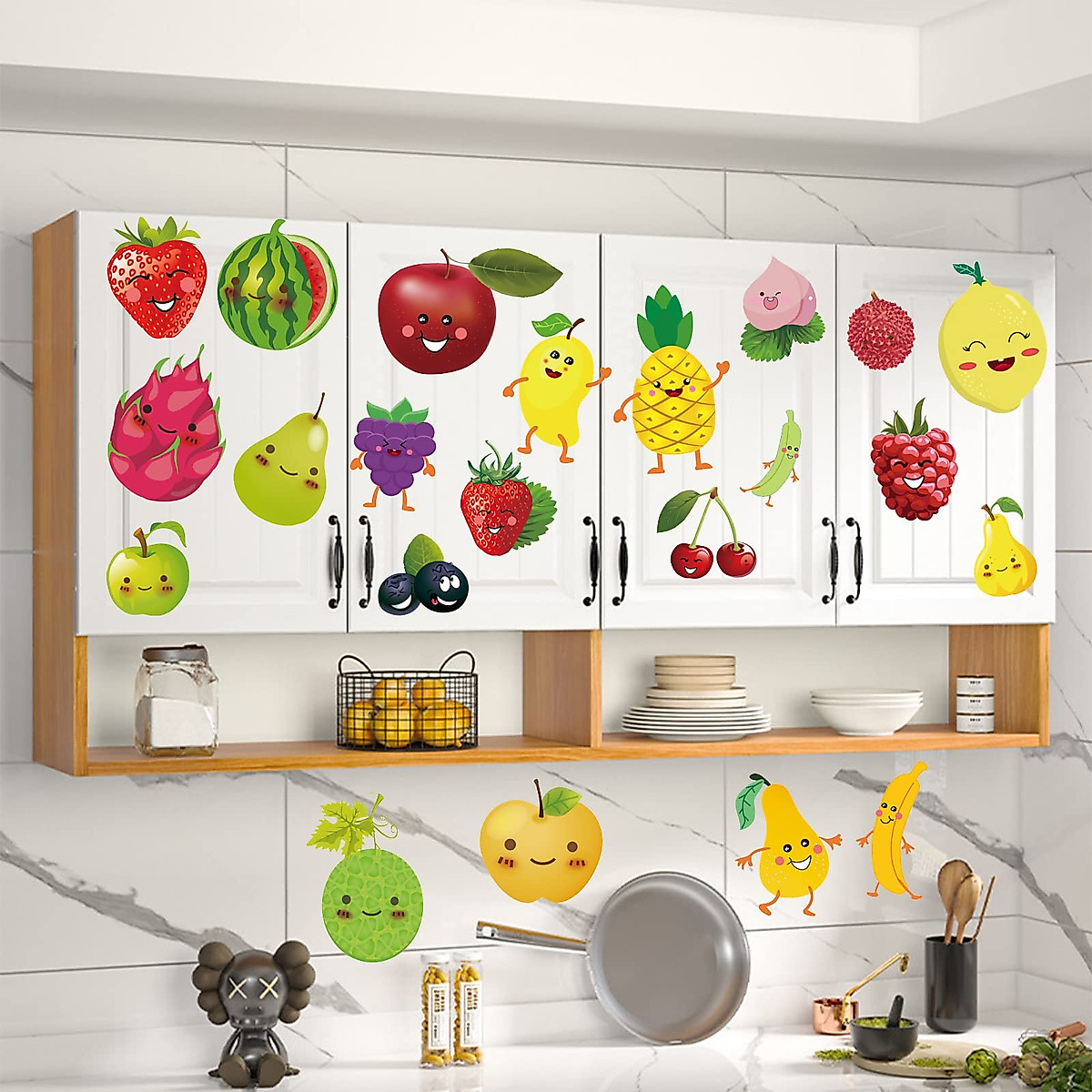 Cartoon Fruit Wall Sticker DIY Kitchen Green Fruit Apple Watermelon Pear Banana Sticker Decorative Peel and Stick Glass Door Refrigerator Door Window Restaurant Wall Sticker