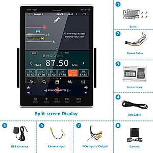 2G 32G Double Din Car Stereo Android Car Radio Touch Screen with Bluetooth, Rimoody 9.5'' Vertical Screen Car Radio with GPS Navigation WiFi FM iOS/Android Mirror Link USB Split Screen + Backup Camera