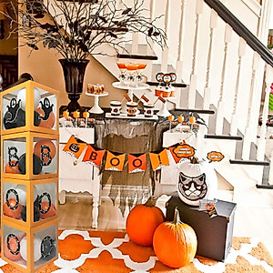 Halloween Balloon Boxes Decorations - Orange Transparent Box for Halloween Baby Shower, Birthday Party Decorations - Includes 4 Box Blocks, Black Ghost Boo Letter Stickers, 20 Latex Balloons