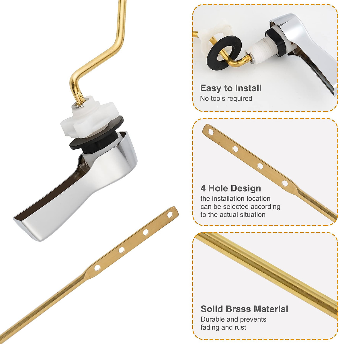 Hibbent Universal Side Mount Toilet Handle Replacement, Tank Flush Lever Replacement Handle with Stainless Steel Flapper Chains, Toilet Repair Handle, Chrome Finish