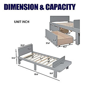 Novaris Twin Size Pine Platform Bed Frame with 2 Drawers, Modern Classic Platform Bed with Headboard/Storage Footboard Bench/Wood Slats/Easy Assemble for Bedroom Girls Boys (Twin, Gray)