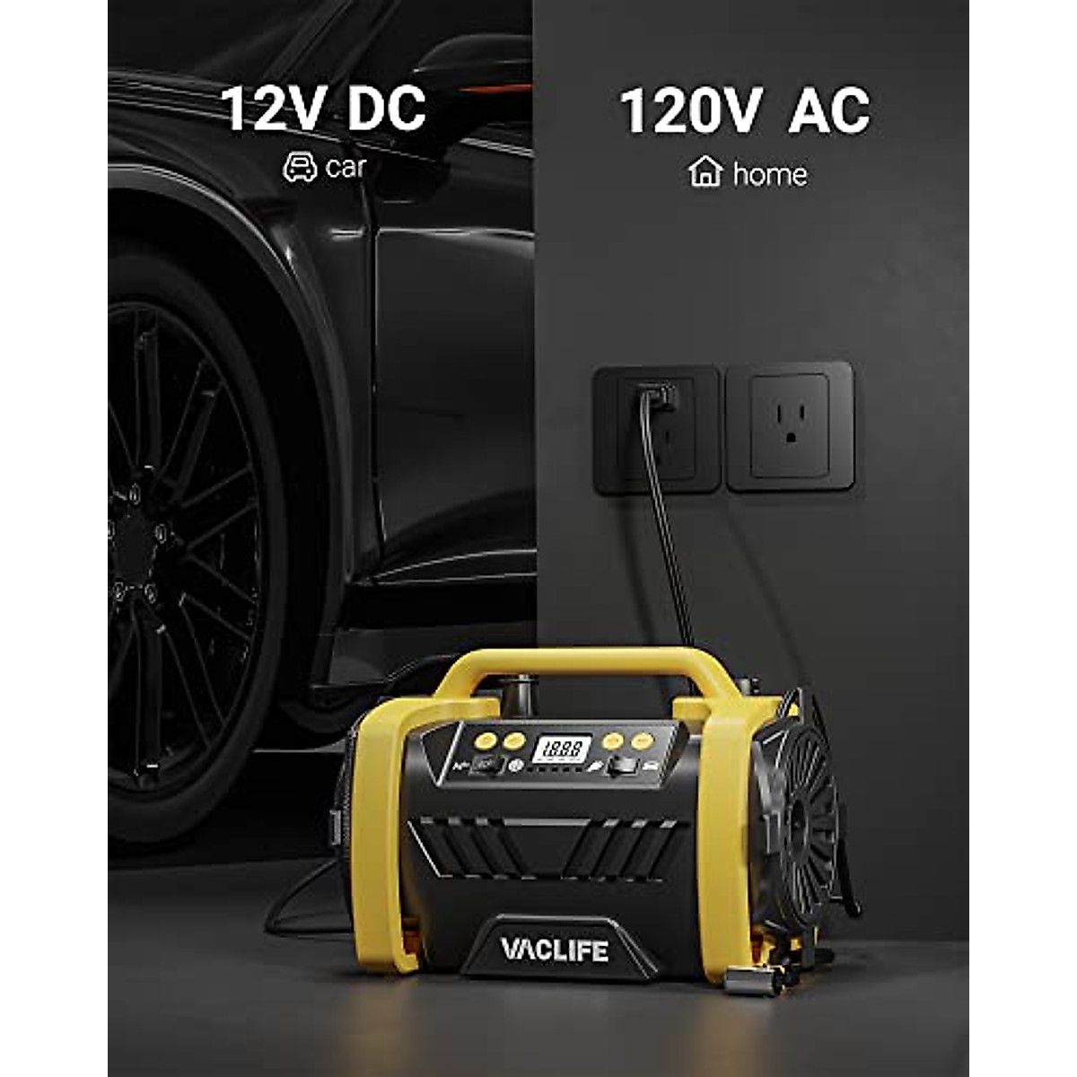 VacLife Tire Inflator Portable Air Compressor - 12V DC/120V AC Car Tire Pump for Air Mattress Beds, Boats with Inflation and Deflation Modes, Dual Powerful Motors, Model: ATJ-6588, Yellow (VL758)