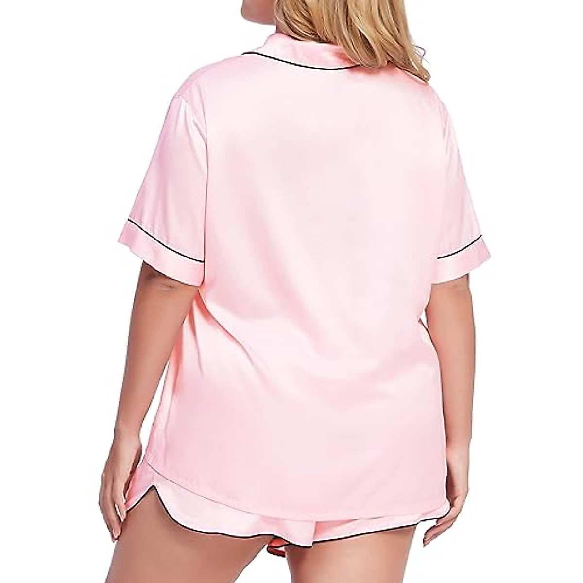 SWOMOG Women's Satin Plus Size Pajamas Silk Short Sleeve Pjs Sets Button Down Silk Sleepwear 2 Piece Bridal Pjs Loose Outfits Pink