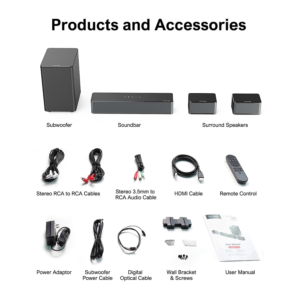 ULTIMEA 5.1 Sound Bar Compatible with Dolby Atmos, Peak Power 410W, Sound Bar for Smart TV with Subwoofer, 3D Surround Sound System for TV, Surround and Bass Adjustable Home Theater, Poseidon D60