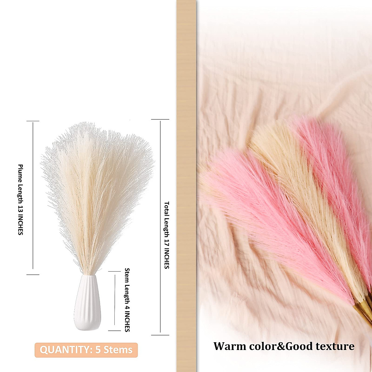 EVODIS Faux Pampas Grass, 18"/45cm Artificial Pampas Grass Fluffy 6 Stem pompous Grass Flower Arrangement for Boho Home Wedding Decoration (Pink)