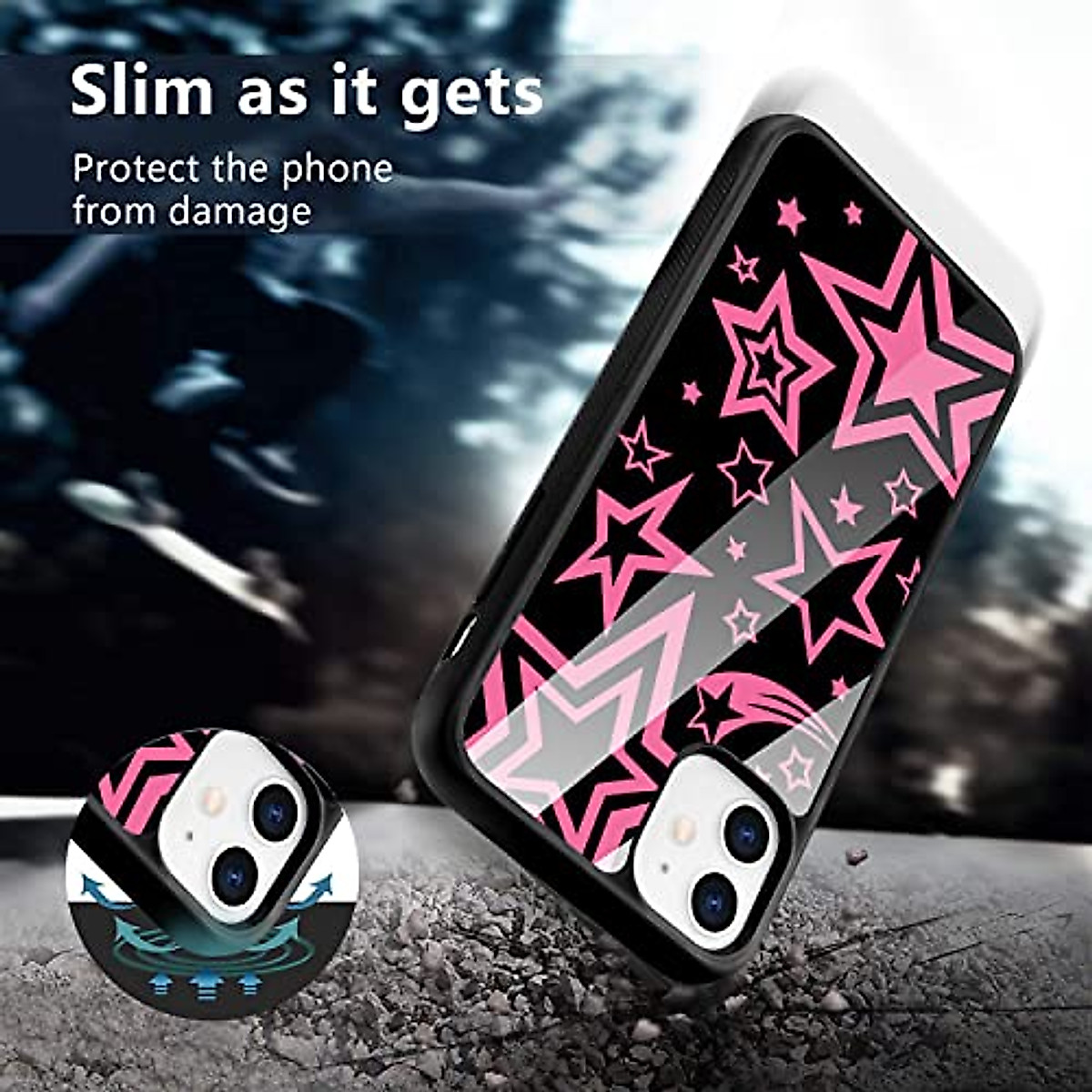 Wihytec Pink Star Phone Case for iPhone 13 Stars Case Cover TPU Bumper Hard Back Shockproof Phone Case Girly Protective Phone Cover with Design