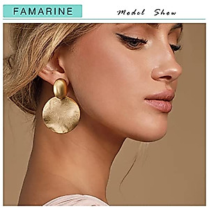 FAMARINE Matte Gold Big Disc Drop Dangle Earrings Statement Brushed Round Hammered Women Earrings Fashion Jewelry