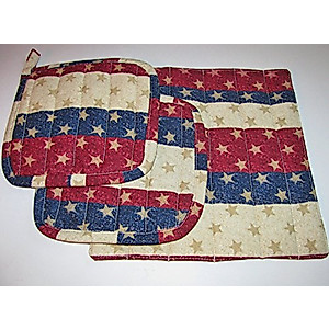Stars & Stripes Patriotic Kitchen Linens Set (5 Pieces Total) 2 Tea Towels 2 Pot Holders 1 Hotpad Made In USA Patriotic Red Off-White Blue Stars Glitter 100% Cotton Custom Made-To-Order