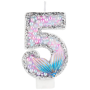 Girls Glitter Mermaid Tail Number 5 Birthday Candles,Pink Pearls Mermaid Tail Birthday Candles,Happy 5th Birthday Candles for Cake,Mermaid Themed Birthday Cake Topper Anniversary Party Decor