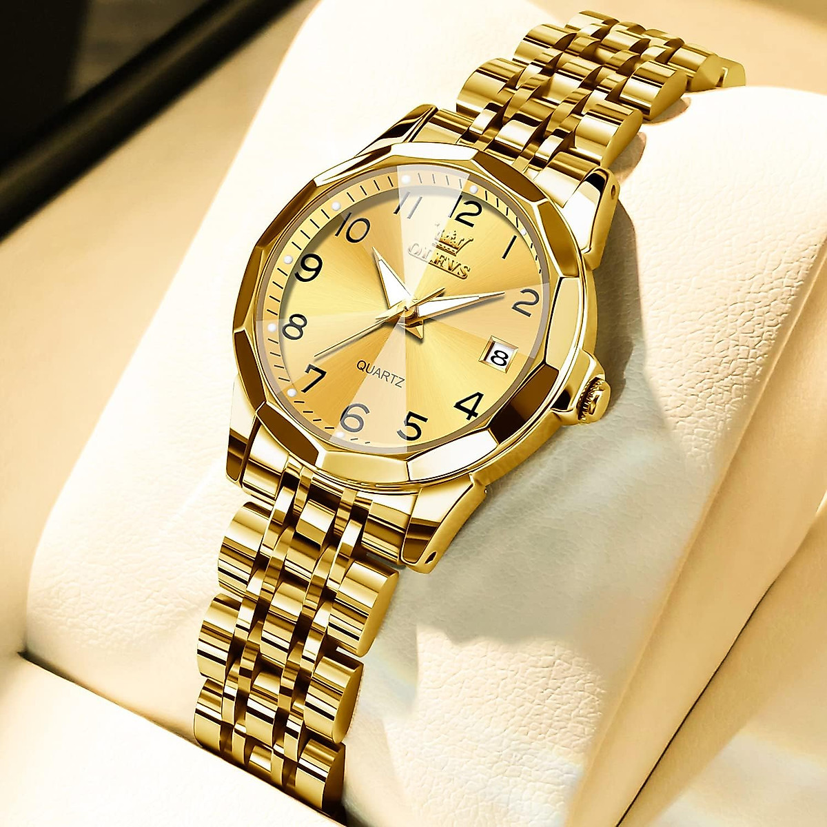 OLEVS Gold Womens Watch Fashion Dress Diamond Female Watches for Ladies Analog Quartz Stainless Steel Waterproof Luminous Day Date Two Tone Wristwatch