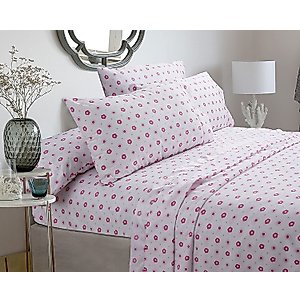Cozy Line Home Fashions Floral Peace & Love Flower Polka Dot Pink & White Polyester Bedding Girl Sheet Set Queen (Fitted Sheet w/Deep Pocket, Flat Sheet, Pillow Cases)