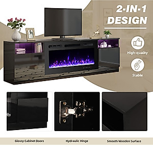 EROMMY 70'' Fireplace TV Stand with 36'' Electric Fireplace, Entertainment Center with 16 Color Led Lights and 12 Flame Fireplace Insert Heater, TV Console for TVs up to 80'' for Living Room, Black