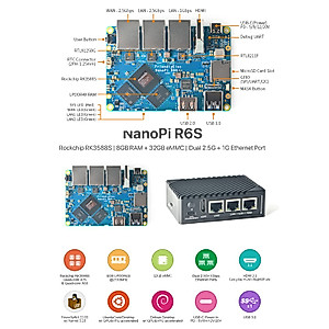 Nanopi R6S Mini Router OpenWRT LPDDR4X Single Board Computer with Three Gbps Ethernet Ports Based in Rockchip RK3588S Soc for IOT NAS Smart Home Gateway Support Debian Ubuntu (8GB RAM +32GB eMMC)