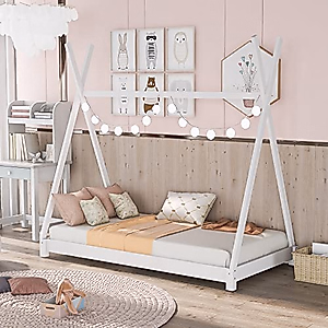 FIQHOME Twin Size House Platform Bed with Triangle tructure, Kids Floor Bed House Bed Solid Wood Frame, Wooden Slat Support, for Boys & Girls,No Box Spring Needed,White