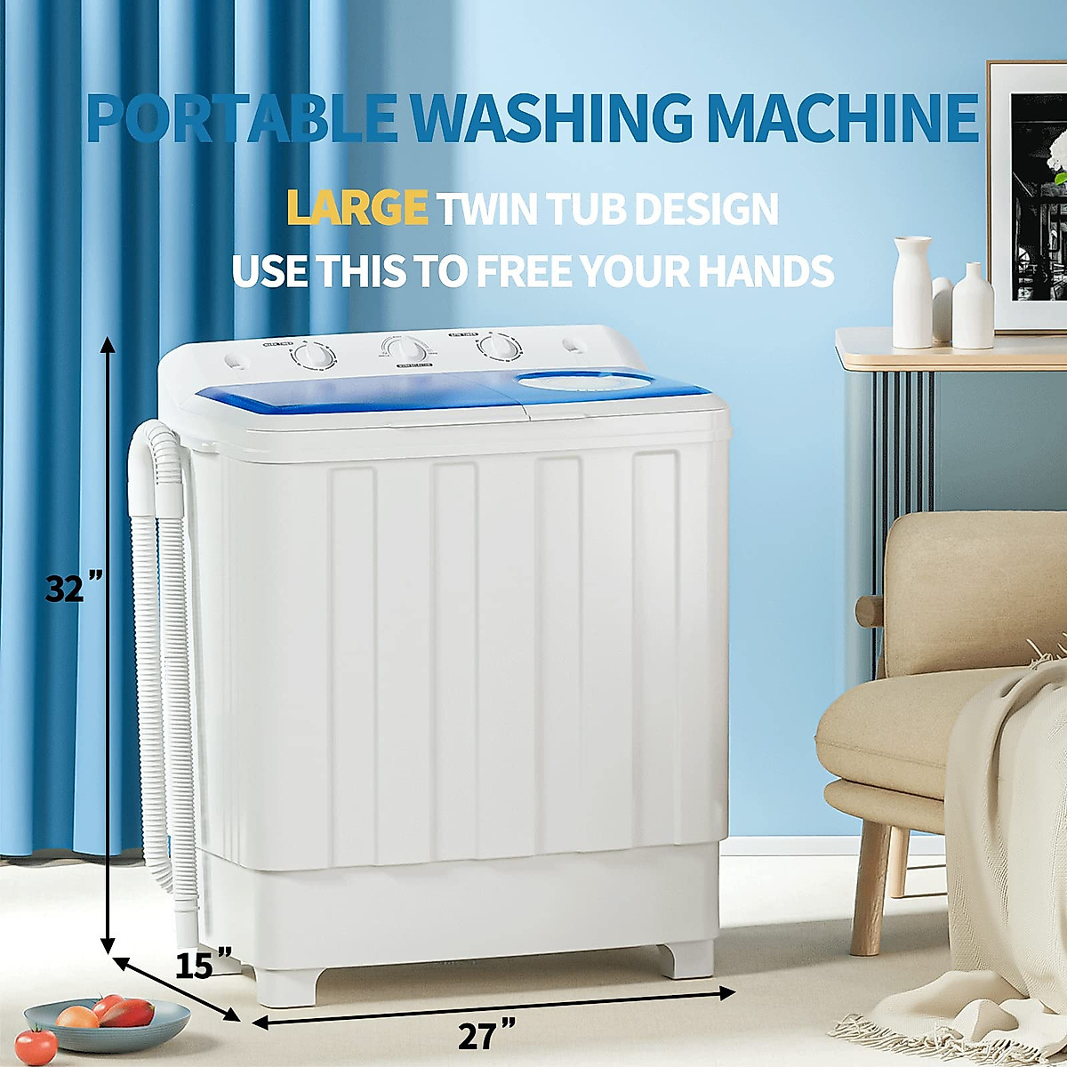 VCJ Portable Washing Machine, Twin Tub Washing Machine Laundry Compact Washer spinner Combo with 28lbs capacity, 18Lbs Washer and 10Lbs Spinner dryer for Apartments RVs and Dorms