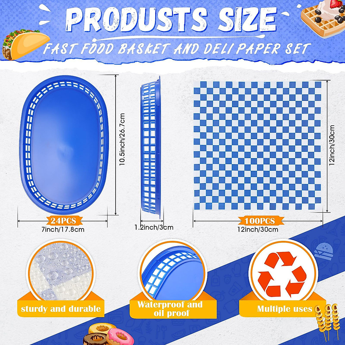 Uiifan 24 Pcs Fast Food Baskets with 100 Deli Liners Deli Food Baskets 10.5 x 7 Inch Serving Burger Chip Trays for Hot Dog Hamburger Bread Picnic(Blue)