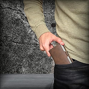 Minimalist Leather Card Holder With RFID Protection Wallet,12 cards in the sliding cover,2 interior slots for 4 cards,cash in its pressure system,0.98 x 2.75 x 3.85,Elegant black gift box (Dark Brown)