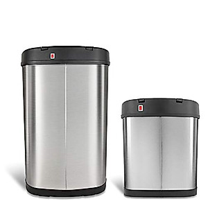 NINESTARS CB-DZT-50-13/12-13 Automatic Touchless Infrared Motion Sensor Trash Can Combo Set, 13 Gal 50L & 3 Gal 12L, Stainless Steel Base (Oval, Silver/Black Lid)