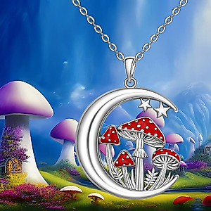 Fenthring Sterling Silver Mushroom Necklace Magical Red Mushroom Pendant Moon and Star Moon Necklaces for Women Mushrooms Gifts