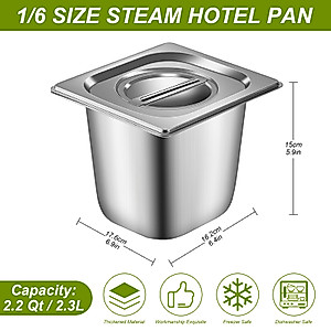 1/6 Size 8 Pack Stainless Steam Hotel Pan with Lids, 6" Deep 1.2 mm Thick Stainless Steel Jam Steam Pan, Steam Table Pan for Restaurant, Hotel, Party