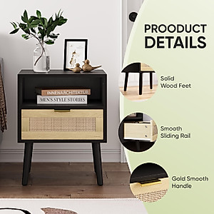 Smuxee Black Rattan Nightstand with Drawer, Boho Large Bedside Table with Open Shelf, Side Table for Bedroom, Study Room