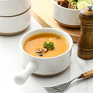 HVH French Onion Soup Bowls With Handles Microwave Safe, Ceramic Soup Bowl Set of 4, 15 Oz Soup Crocks for Oatmeal, Stew, Chili, Dessert, Farmhouse Style (White)