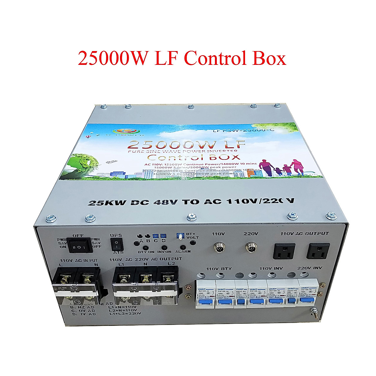 RuiCheng 100000 Watt Peak 25000 Watt Low Frequency Split Phase Pure Sine Wave Power Inverter 48 V Dc Input / 110 V,220 V Ac Output 60 Hz Frequency with 110V Charger & 3.5" LCD Display Box