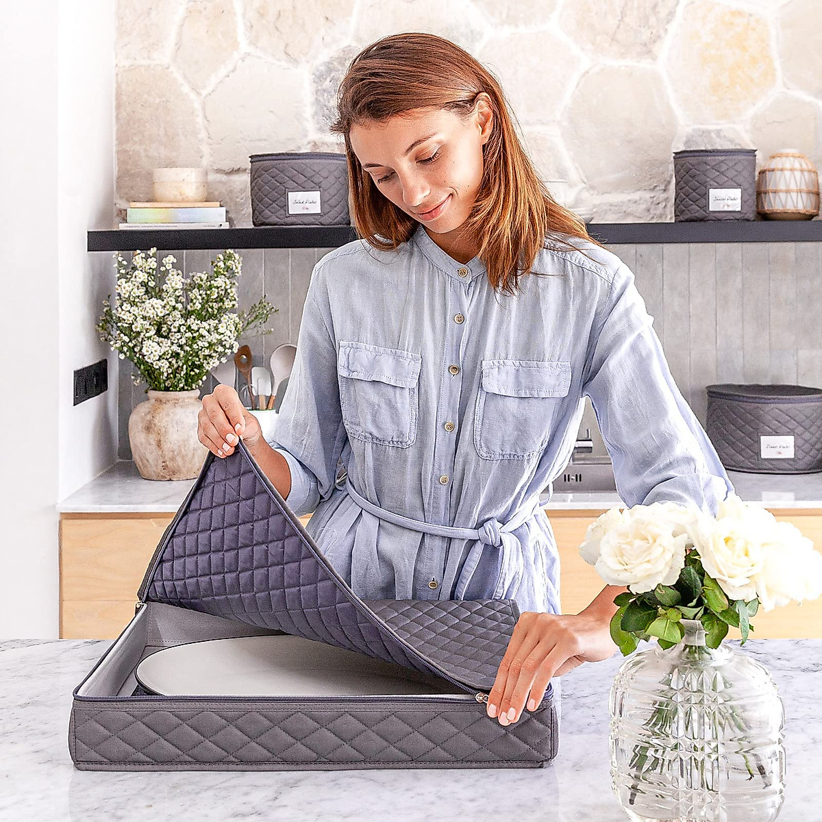 Bulb & Shade Large Platter Storage Case 19" x 14" - China Storage Container - Quilted, Hard Shell - Holds 2 Platters - Perfect Storage For Thanksgiving and Christmas Platters