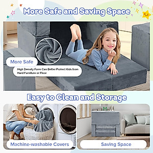 OSYKIU Kids Couch Sofa, 7 Pcs Modular Toddler Couch, Freely Removable Kids Chair Sofa for Playing, Creativity, Sleeping, Versatile Fold Out Baby Play Couch Set for Playroom, Bedroom Furniture
