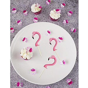 24Pcs Flamingo Cupcake Toppers, Tropical Cupcake Toppers Aloha Cake Decorations for Luau Hawaiian Theme Baby Shower Flamingo Birthday Party Supplies(Flamingo)