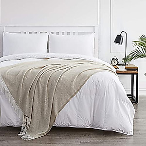 BOURINA Decorative Diamond Lattice Faux Cashmere Fringe Throw Blanket Lightweight Soft Cozy for Bed or Sofa Farmhouse Outdoor Throw Blankets, 50" x 60", Beige