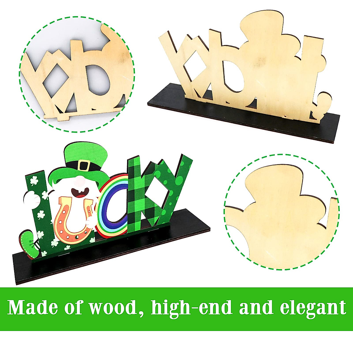 Bunny Chorus St Patricks Day Decorations 3Pcs, Lucky Wooden Table Sign, Irish Themed Gnome Tabletop Centerpiece Shamrock Gold Coins Gift for Home, Party Supplies Décor
