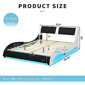 Led Bed Frame Queen Size Modern Upholstered Platform Bed Frame with LED Lights Faux PU Leather Wave Like Low Profile Platform Bed Frame with Headboard, Wooden Slats, No Box Spring Needed, Black+White