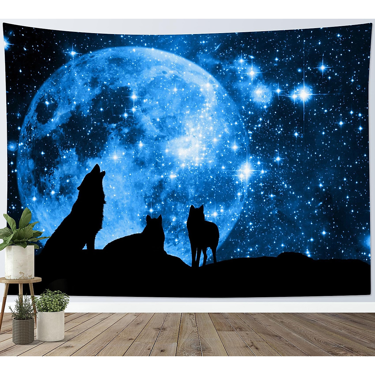 HVEST Wolf Tapestry Wall Hanging Full Moon in Blue Space Tapestries Wild Animal Wolves Wall Decor Blanket for Kids Bedroom Living Room Dorm Party, 60Wx40H Inches
