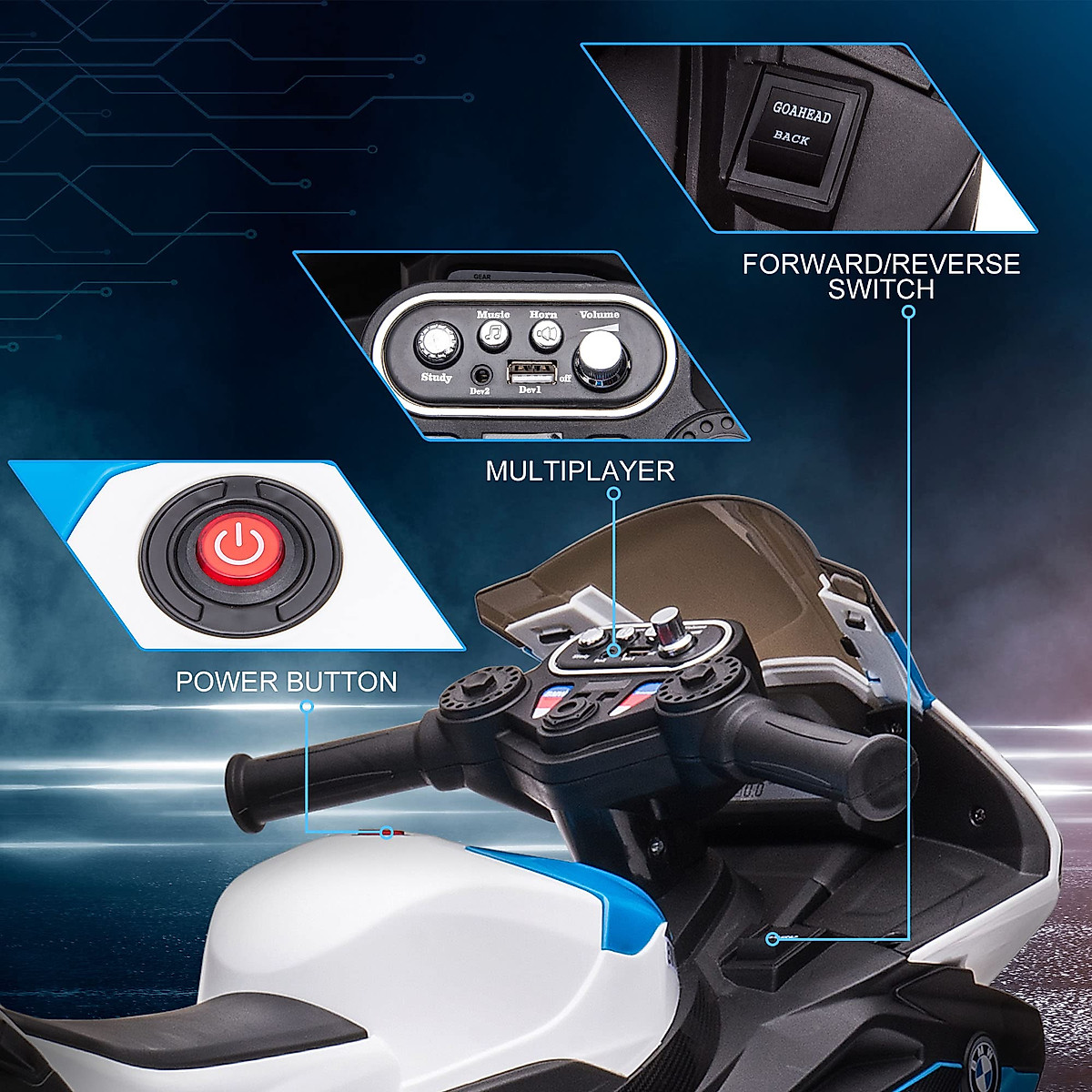 Aosom Licensed 6V Kids Ride on Motorcycle, Off-Road Battery Powered Three Wheels Dirtbike with USB, AUX, Music and Headlight for Toddler, Blue