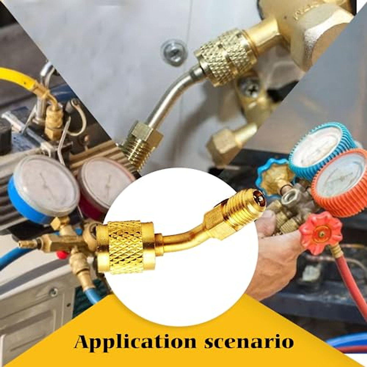 Hawyet 1 PC Car Mini Split System AC HVAC Refrigeration Service R410 Brass Converter, 5/16" SAE Female Quick Couplers to 1/4" SAE Male Flare Adapter with Thimble, Universal for Most Cars (Gold)