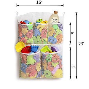 Mesh Bath Toy Organizer, 4 Ultra Strong Hooks, Bathtub Storage Bag, Multi-purpose Baby Toys Net, Toddler Shower Caddy for Bathroom, Kids Toy Holder with 5 Soap Pockets (16" x 23", White, M)