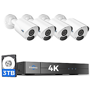 [4K HD+3TB HDD] Hiseeu 4K Security Camera System, PoE Security Camera System w/4pcs IP PoE Cameras, 121° Wide View, IP67 Waterproof, Free Remote Access, WDR, Human Detect, 7/24 Record