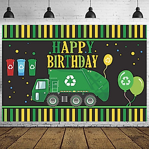 Garbage Truck Trash Trucks Happy Birthday Banner BackdropWaste Management Recycling Bin Theme Decor Decorations for 1st Birthday Party Baby Shower Supplies Favors Background Photo Booth Props Flag