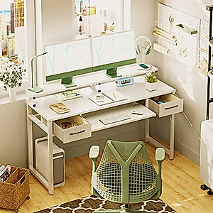 ODK Computer Desk Study Table, 55 Inch Office Desk with Drawers and Keyboard Tray, Study Desk Work Desk with Monitor Shelf, Writing Desk with Storage for Home Office, White