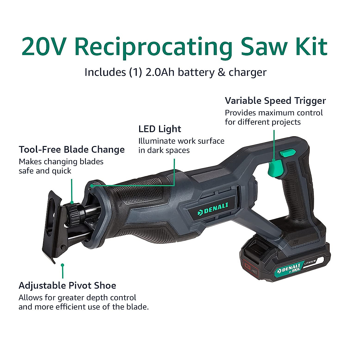 Amazon Brand - Denali by SKIL 20V Cordless Reciprocating Saw Kit with 2.0Ah Lithium Battery and 2.4A Charger, Blue