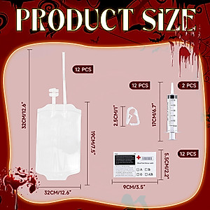 12 Pack Halloween Blood Bag Drink Containers, Reusable IV Blood Bags Pouches for Vampire Cosplay, Nurse, Medical, Horror Party Decorations, Doctor Nursing/RN Graduation, 12 Fl. Oz. Each + 2 Syringes